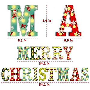 Christmas Decorations - 14 LED Letters Christmas Lights 'MERRY CHRISTMAS' for Christmas Decorations Indoor Home Decor, Surface UV Printing Snowflakes, Christmas Trees, Elk, etc, Warm White