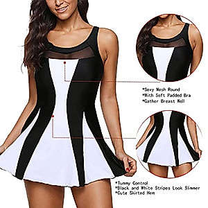 American Trends Bathing Suit for Women Tummy Control Swim Dress One Piece Swimsuits Mesh Swimming Suit Skirt Swimwear Black White 14-16