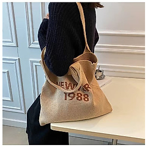 Grunge Knitted Tote Bag Y2K Fairycore Letter Shoulder Bag Aesthetic Hobo Bag Indie Crossbody Bag Alt Purse Accessories (Beige)