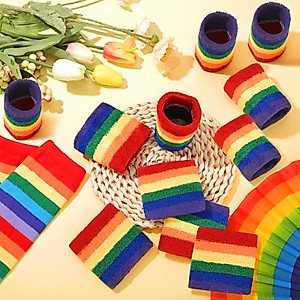 100 Pieces Rainbow Striped Wrist Sweatbands Bulk Gay Pride Athletic Cotton Sweatband Terry Cloth Wristbands for Men Women Birthday Halloween Rainbow Festival Party Parades Sports