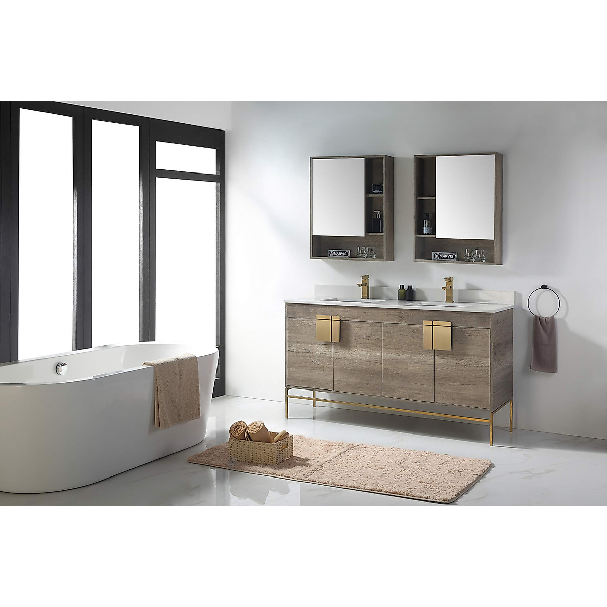 Fine Fixtures - Modern Grey 60" Bathroom Vanity Set, Satin Brass Hardware, Phoenix Stone Marble Top