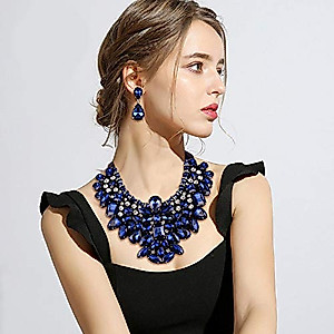Flyonce Costume Jewelry for Women, Rhinestone Crystal Statement Necklace Earrings Set Dark Blue