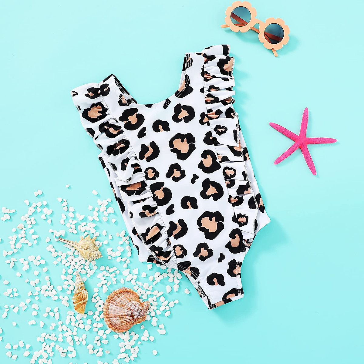 Happy Town One-Piece Infant Toddler Baby Girl Summer Swimsuit Watermelon Leopard Ruffle Swimwear Bikini Bathing Suit (Leopard, 12-18 Months)