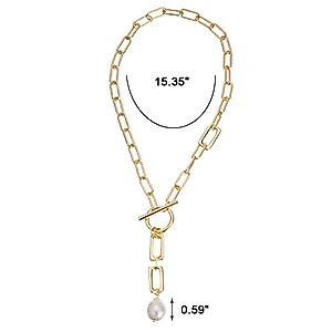 Itcoery Women’s 18K Gold Baroque Pearls Necklace Paperclip Link Chain Toggle Clasp Chunky Irregular pearl necklace