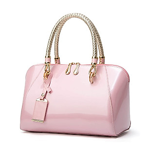 Mn&Sue Elegant Designer Crossbody Shoulder Bags tote Women Patent Leather Top Handle Handbag Lady Purse (Pink)