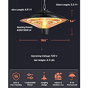 Hanging Patio Electric Heater, 1500W Outdoor Indoor Infrared Heater with 2 Adjustable Modes, Ceiling Mounted Outside Electric Heater, IP45 Waterproof, Black