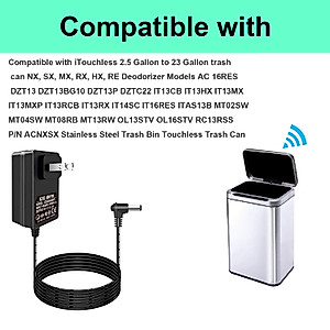 AC DC Power Adapter 6V for iTouchless Automatic Sensor Trash Cans 2.5 to 23 Gallon, 8Ft Long Power Cord Supply for Stainless Steel Trash Can NX SX MX RX HX RS RE, ACNXSX