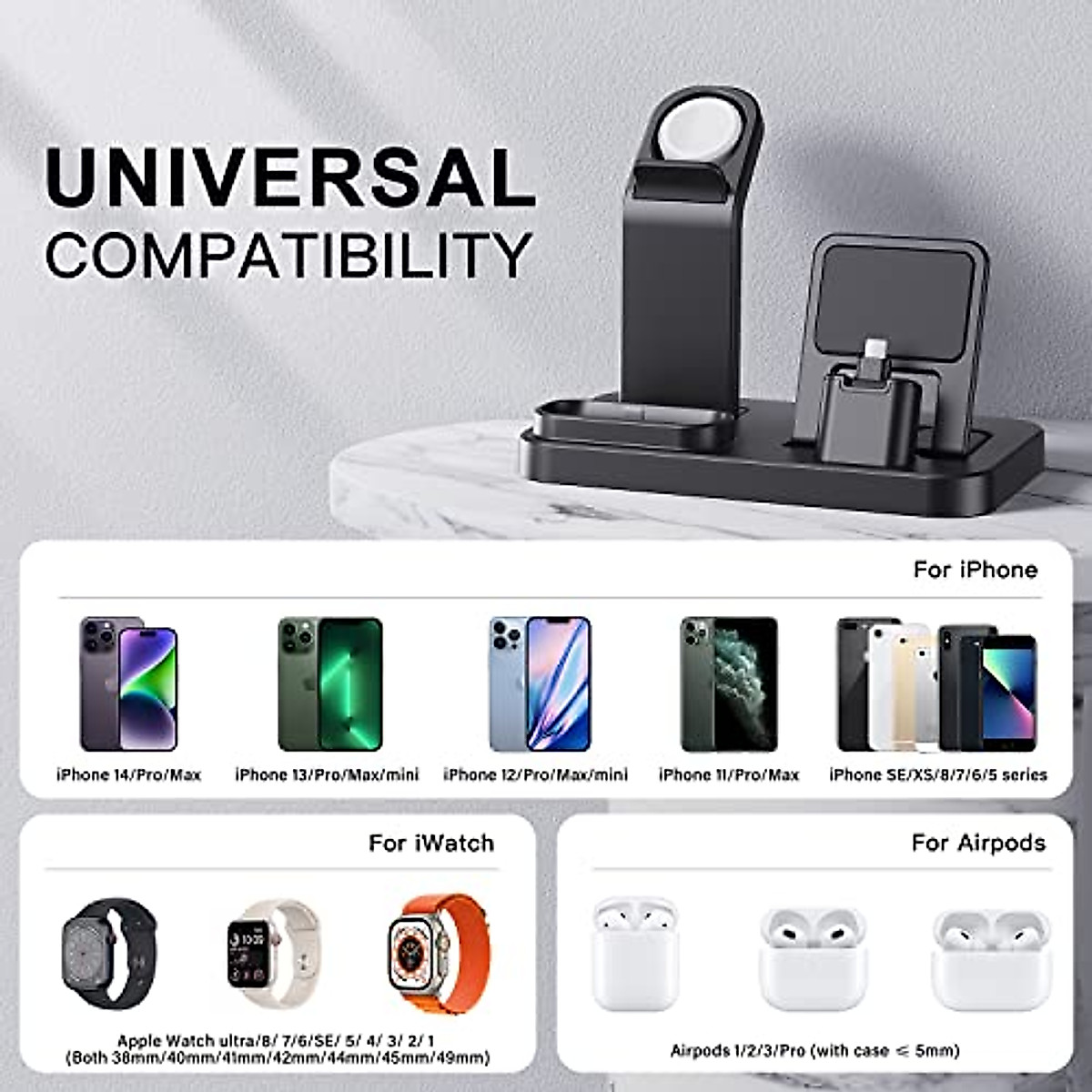 AFLYDOG Fast Charging Station for Apple Devices, New Self-Centering iWatch Charger Stand for All Apple Watch, 3 in 1 Built-in Charging Stand Dock for iPhone AirPods Apple Watch(15W Adapter)