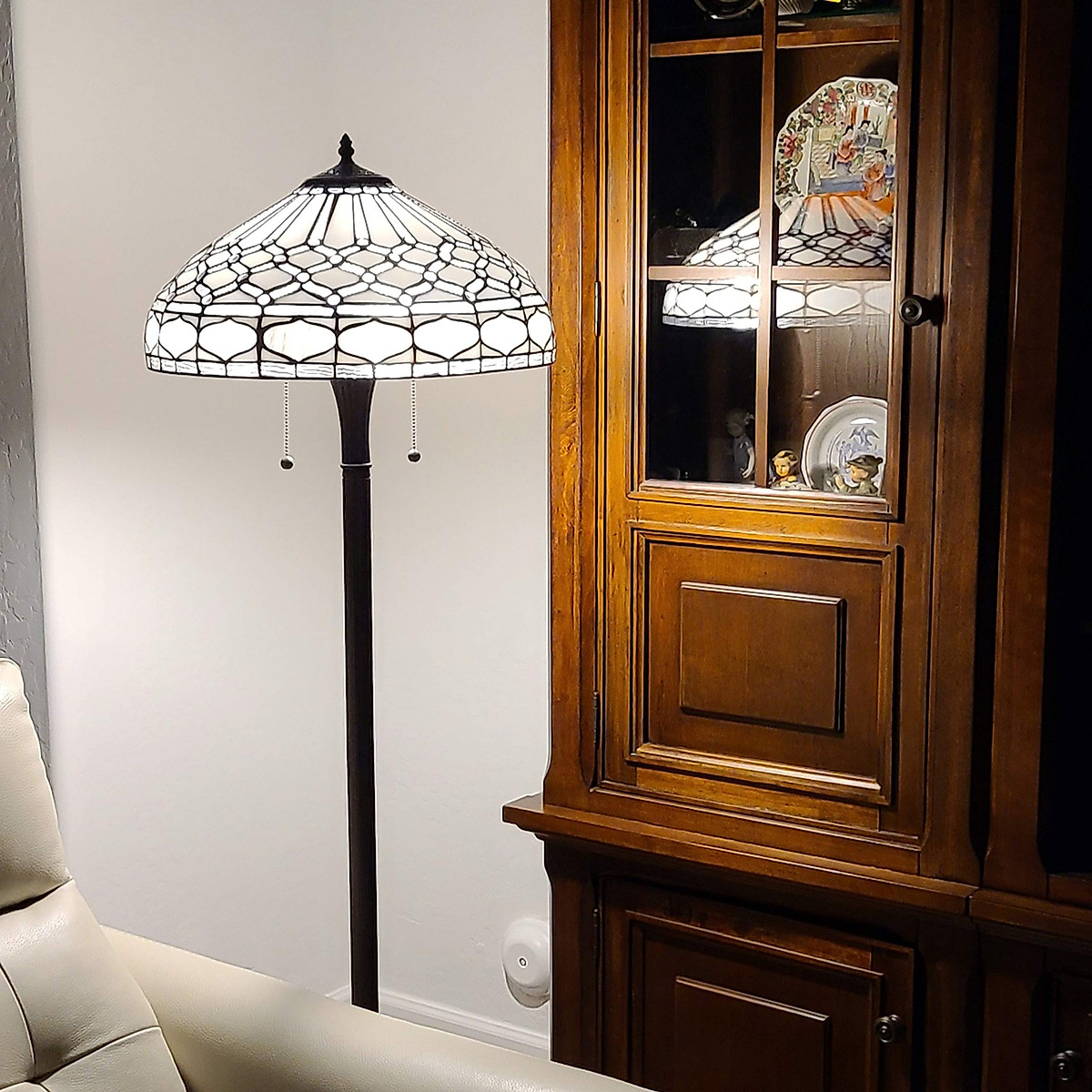 Amora Tiffany Style Floor Lamp Standing 62" Tall Stained Glass White Mahogany Antique Vintage Light Decor Bedroom Living Room Reading Gift AM222FL18 Lighting