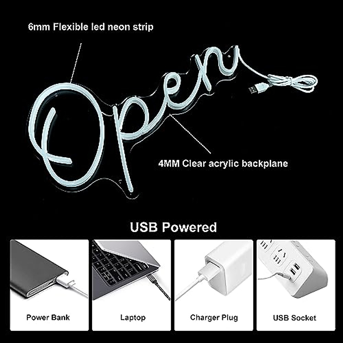 LIYUNEON Open Neon Signs, Cool White Led Neon Lights USB Powered, Signs for Wall Decor, Restaurant Bar Salon Stores Hotel, Wedding, Engagement Party ,Bedroom Decor, Neon For Bedroom Home Aesthetic Room Decor，Neon Sign Bar(15.75x9.45in) (Open)