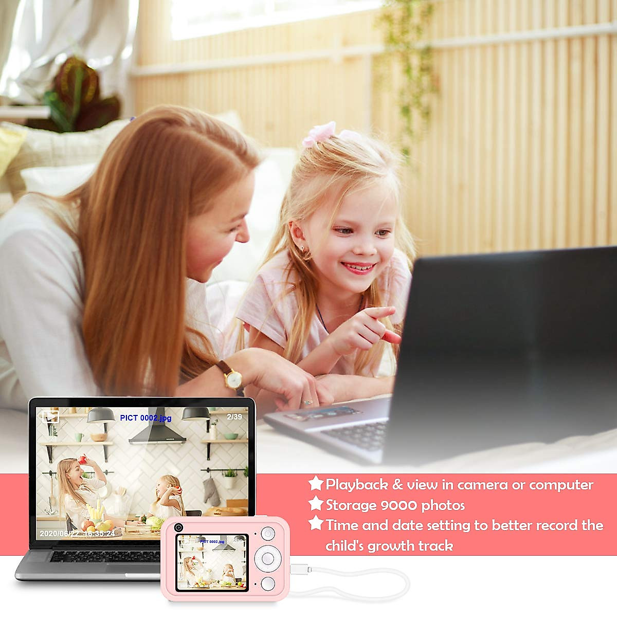 RenFox Kids Camera, 2.4'' 16MP Dual Lens Selfie Camera1080P HD Digital Video Camcorder, Toys and Birthday for Girls Boys Age 3-10, Toddler Beginner Camera with 32GB SD Card - Pink