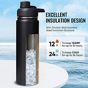 Fijinhom 24oz Insulated Water Bottle with Handle, Stainless Steel Water Bottles with Wide Mouth, Double Wall Vacuum Sports Water Bottle, BPA Free, Keep Cold and Hot, Black