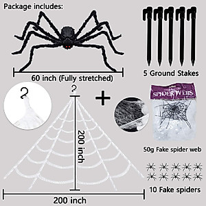Halloween Decorations Outdoor, 200" Spider Web 60" Giant Spider with Extra Stretch Cobwebs and 10 Small Plastic Spiders, Halloween Outdoor Scary Decorations Yard Home Outside Parties House Décor