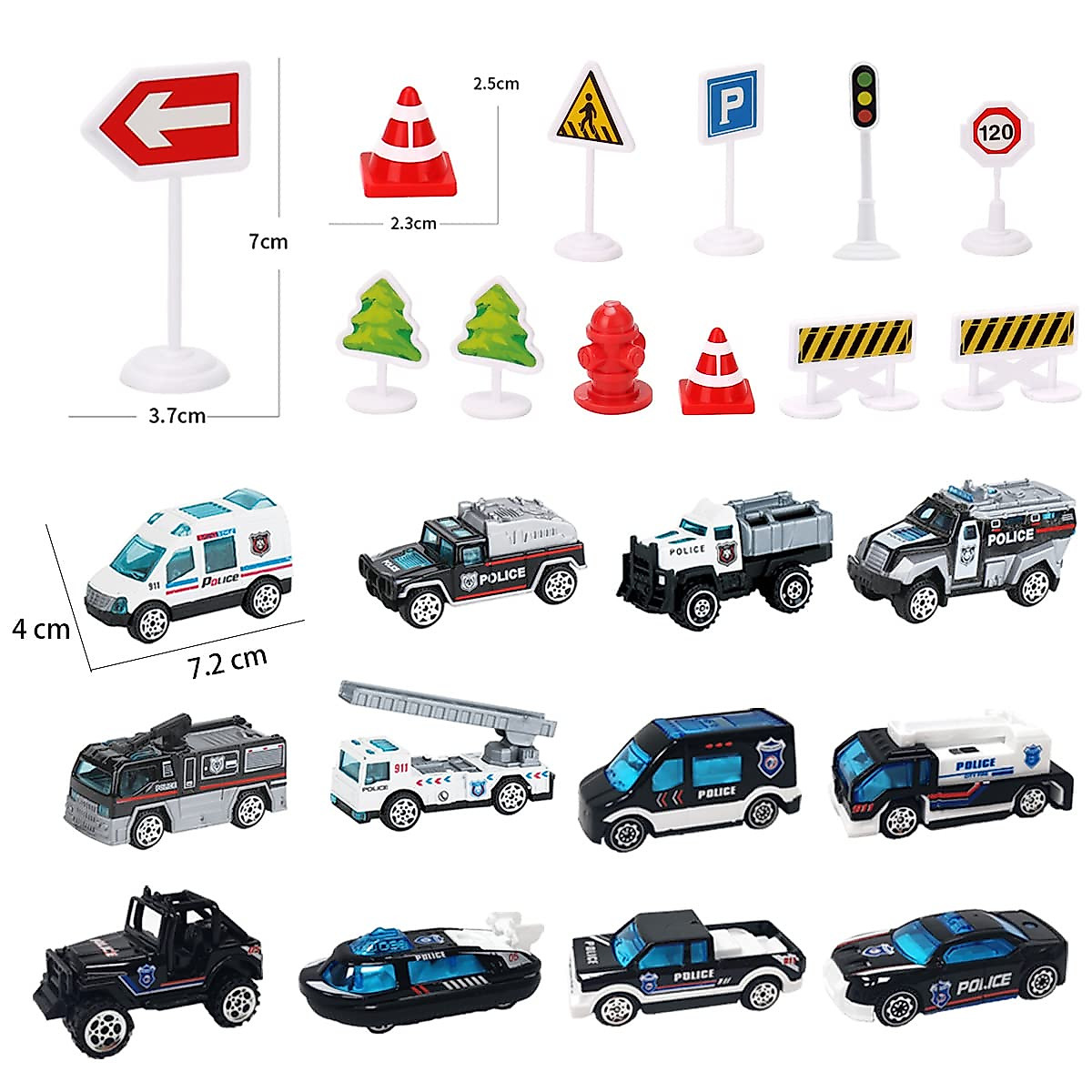 Airplane Toys with Music and Light Police Theme Transport Cargo Airplane Toy Play Set with 12 Road Sign Toy and 12 Alloy Vehicle Car Toy for 3 4 5 6 7 Year Old Boys and Girls Best Birthday Gift (Blue)