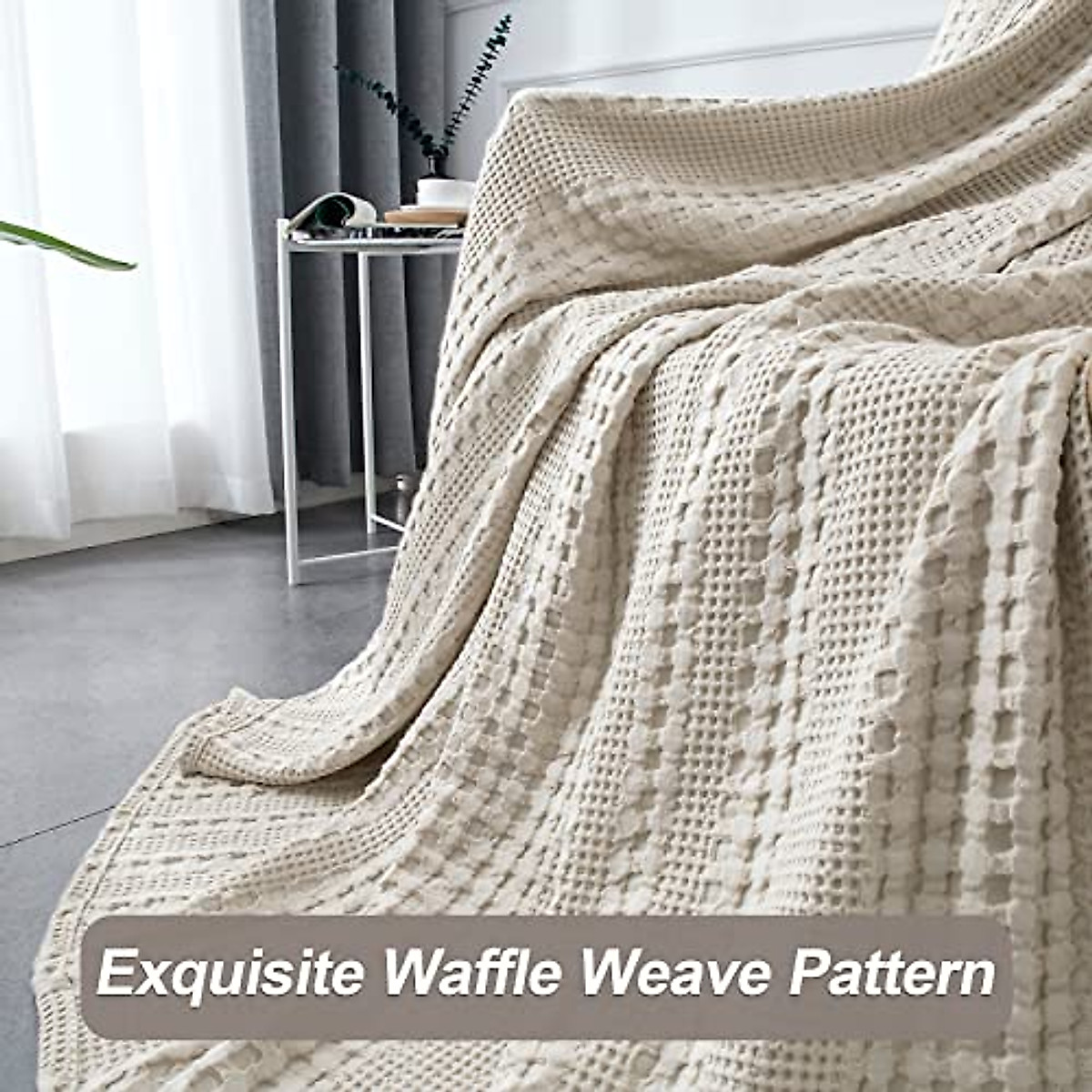 PHF 100% Cotton Waffle Weave Blanket King Size - Washed Soft Lightweight Blanket for All Season - Breathable and Skin-Friendly Blanket for Couch Bed Sofa 108"x90" - Light Khaki/Linen