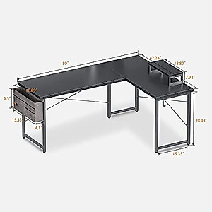 ODK L Shaped Desk, 59" Computer Corner Desk, Gaming Desk, Home Office Writing Desk with Monitor Shelf, Space-Saving Workstation Desk, Modern Simple Wooden Desk, Easy to Assemble, Black