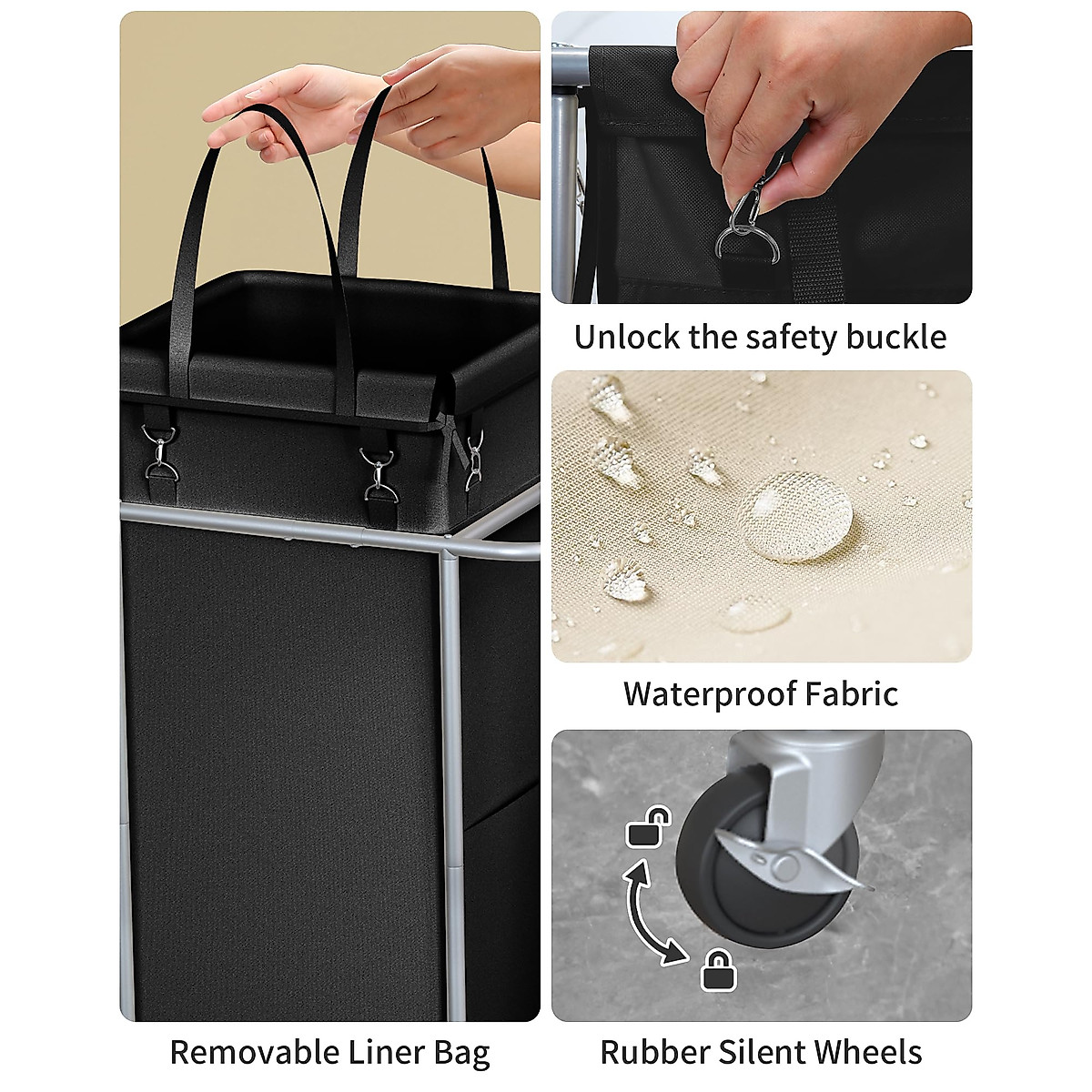 SOBECHOI Laundry Basket with Wheels, Rolling Laundry Hamper, 29 Gallons (110L), Removable Liner and Steel Frame - Steel Frame with Handle - Ink Black, 19.6 x 15.5 x 32.6 Inches