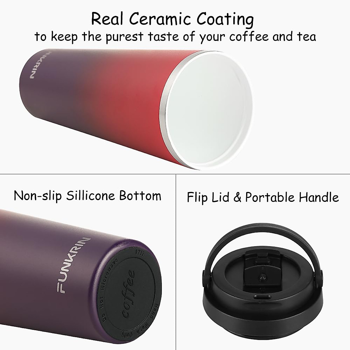 Funkrin Insulated Coffee Mug with Ceramic Coating, 22oz Iced Coffee Tumbler Cup with Flip Lid and Handle, Double Wall Vacuum Leak-Proof Thermos Mug for Travel Office School Party Camping