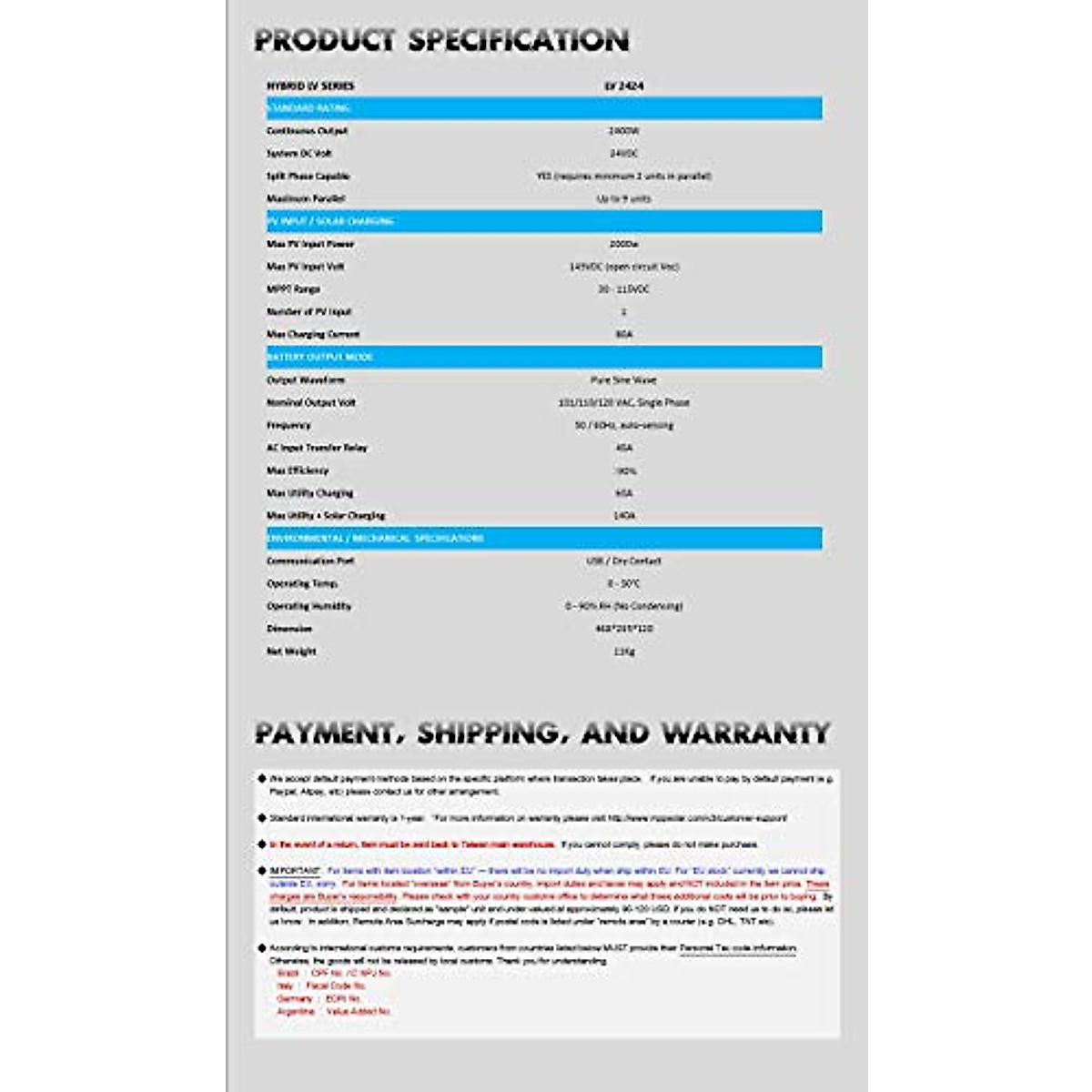 MPP Solar Hybrid or Off-Grid 2400w Pure Sine Wave Power Inverter with mppt Solar Charger 80A DC 24V AC Output 110V 120V with 60A Utility Charger 50HZ or 60HZ