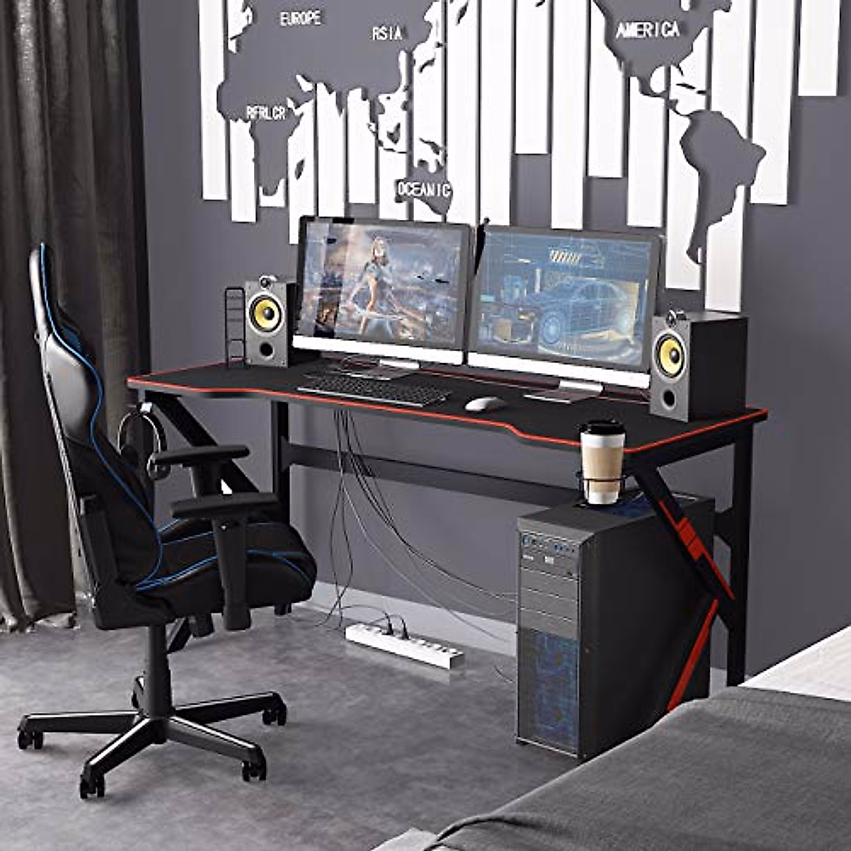 SogesGame Ergonomic Gaming Desk 63inches K Shaped Computer Gaming Desk with XL Mouse Pad Computer Desk,Cup Holder & Headphone Hook, LJ-1909-160all-S8-US