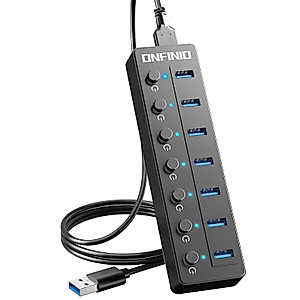 ONFINIO USB Hub, 7 Port USB Hub 3.0 with 3.3ft USB Cable Multiple Port with Individual LED On/Off Switches USB Splitter for Laptop & PC