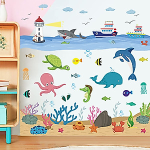 Cartoon Octopus Turtle Whale Grass Seaweed Wall Decals, Under The Sea Wall Decal Stickers, Removable Vinyl Baby Nursery Wall Decor Mural Art for Kids Girls Boy Nursery Bedroom Bathroom