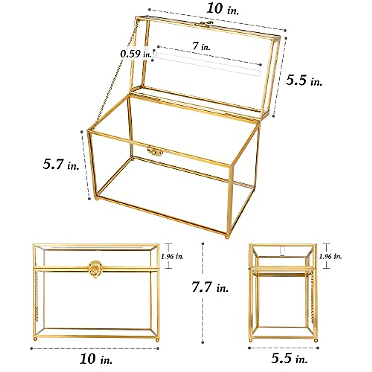 REDHUGO 10x5.5x7.7 inches Gold Glass Card Box Handmade with Slot, Wedding Card Boxes for Reception, Graduation, Gift Cards, Party, Brass Geometric Terrarium, Golden Decorative Box, Medium