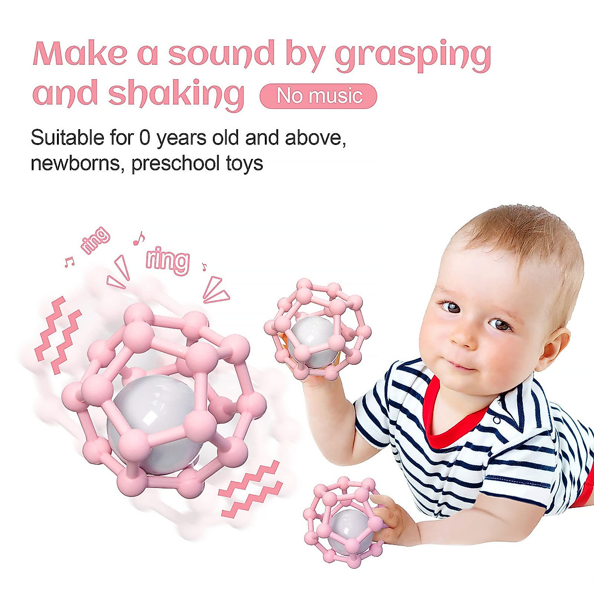 Baby Teethers Toys Silicone Soft Ball Easy to Hold Teether for Sensory Ball Exploration & Teething Stress Relief Molar Ball Soothing Teether Toy Baby Ball for Ages 0 Months+,(Rattle Teether Ball-Pink)