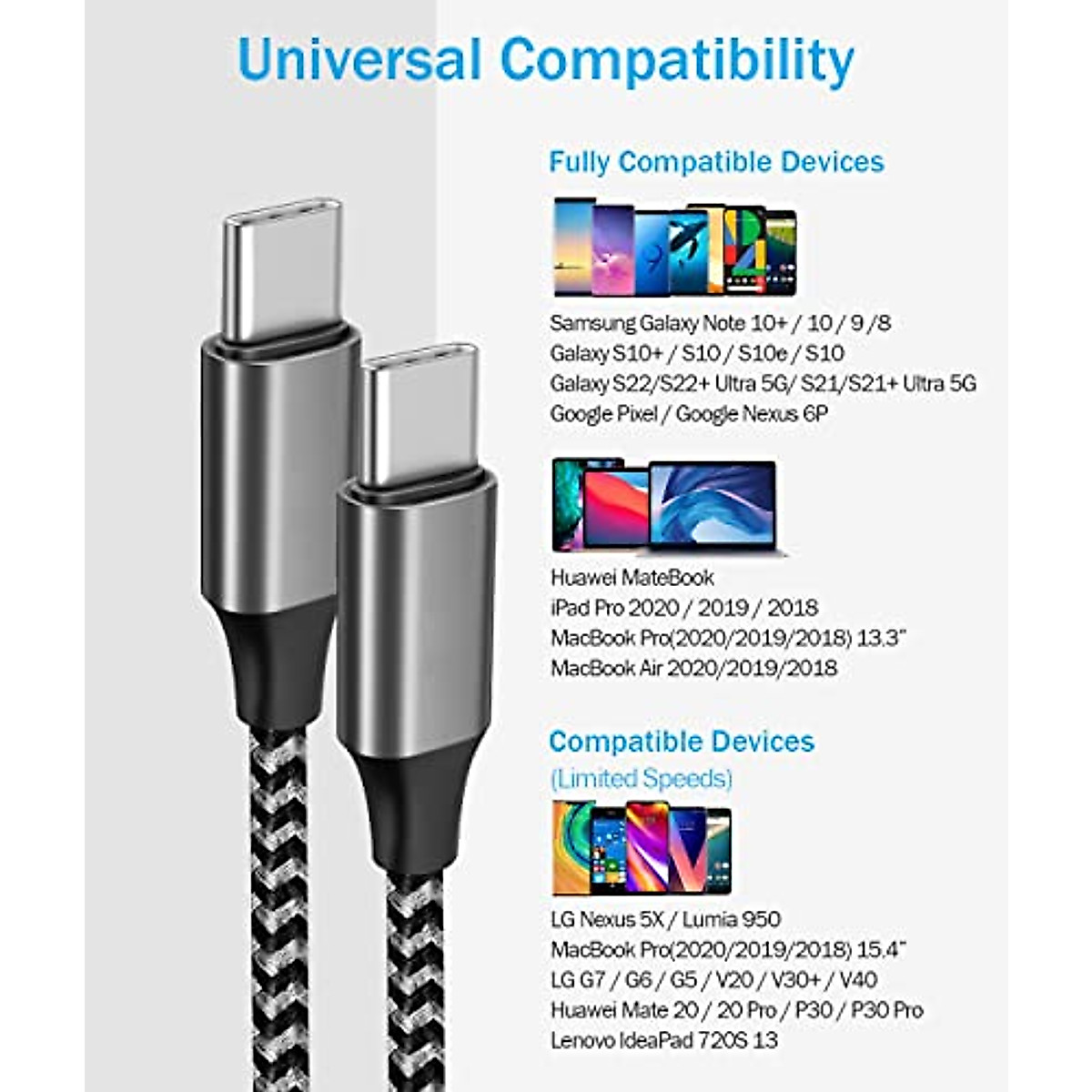 USB C Cable 10Ft for Samsung S20/S21/S22/S23 Ultra,60W 2Pack Type C Charger Fast Charging Compatible with Galaxy S20+/S21+/S22+/A70/A71/A72,Note 20 ipad 2020/pro