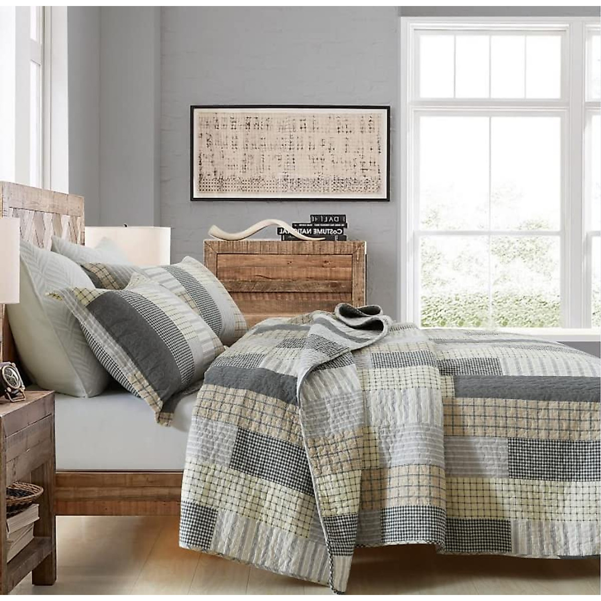Cinefoso Queen Size Quilt, Patchwork Plaid Quilt Set Queen Size 100% Cotton Farmhouse Plaid Bedspread Lightweight & Reversible Quilt Bedding Set All-Season 3-Pieces