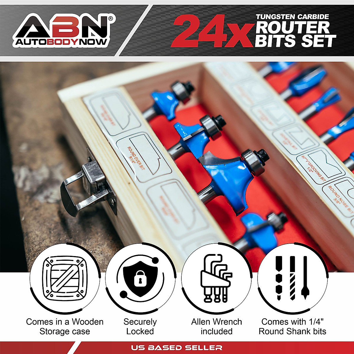 ABN Tungsten Carbide Router Bit Set - 24 Piece Router Set 1/4in Shanks - for Beginners to Commercial Users