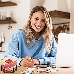 Vesici 8 Pcs Diamond Art Coasters with Holder Cat Shaped DIY Diamond Art Coasters Diamond Art Kits Diamond Crafts Coasters for Adults Kids Beginner Gift Supplies (Boho)