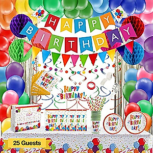 275 PC Colorful Birthday Party Decorations for Boy, Girl, Women, Men Ð Rainbow Party Supplies With Happy Birthday Banner, Balloons Garland Arch Kit Foil Curtains Tablecloth Swirl Honeycomb Cake Topper Plates Cups Napkins Straws for 25 Guest & More