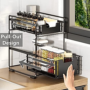 Simple Gear Heavy Duty 2-Tier Under Sink Cabinet Organizers with Sliding Storage Drawer, Pull Out Cabinets Organizer Shelf, Steel Shelf Basket Holds up to 150lbs for Kitchen Bathroom Cabinet or Pantry