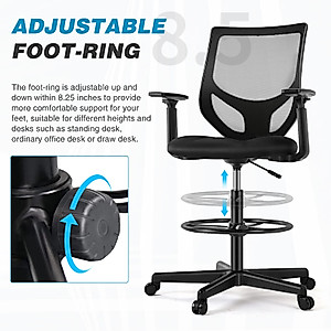Drafting Chair, Standing Desk Chair with Adjustable Armrests and Foot Ring, Height Adjustable Tall Office Chair with Ergonomic Lumbar Support, 360 Degree Swivel Rolling Chair, Breathable Mesh Chair