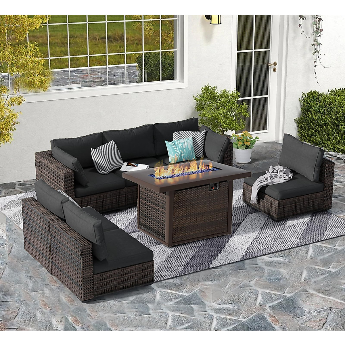 7 Piece Patio Furniture Set with Fire Pit Table, Rattan Outdoor Sectional Patio Conversation Sets with Seat Cushions for Backyard Deck Balcony Lawn and Garden, Black