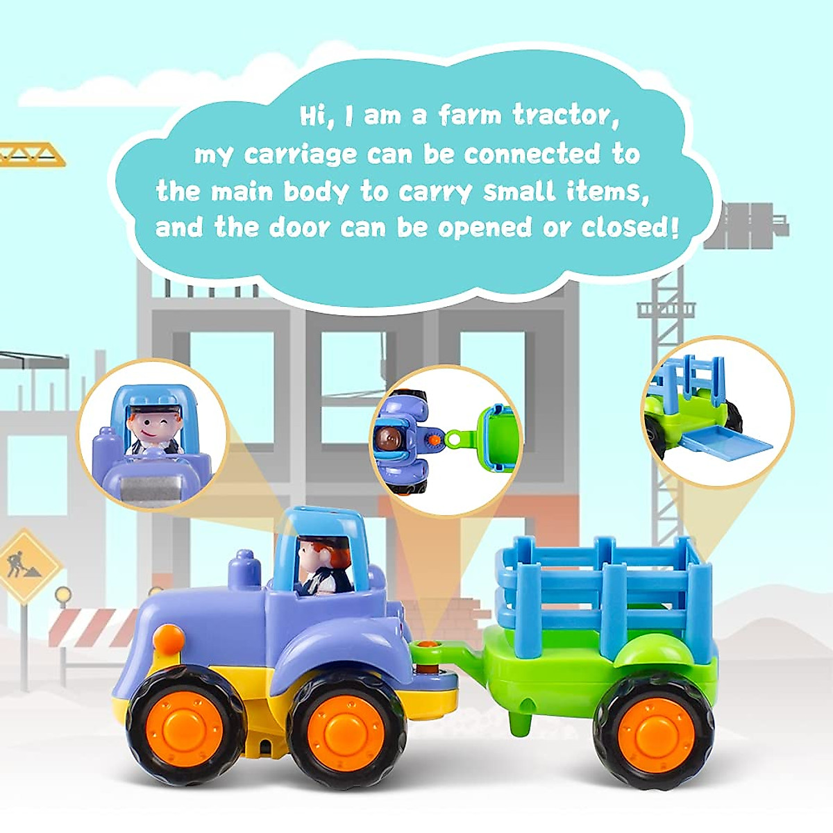 Woby Push and Go Friction Powered Car Toys Set Tractor Bulldozer Mixer Truck and Dumper for Baby Toddlers