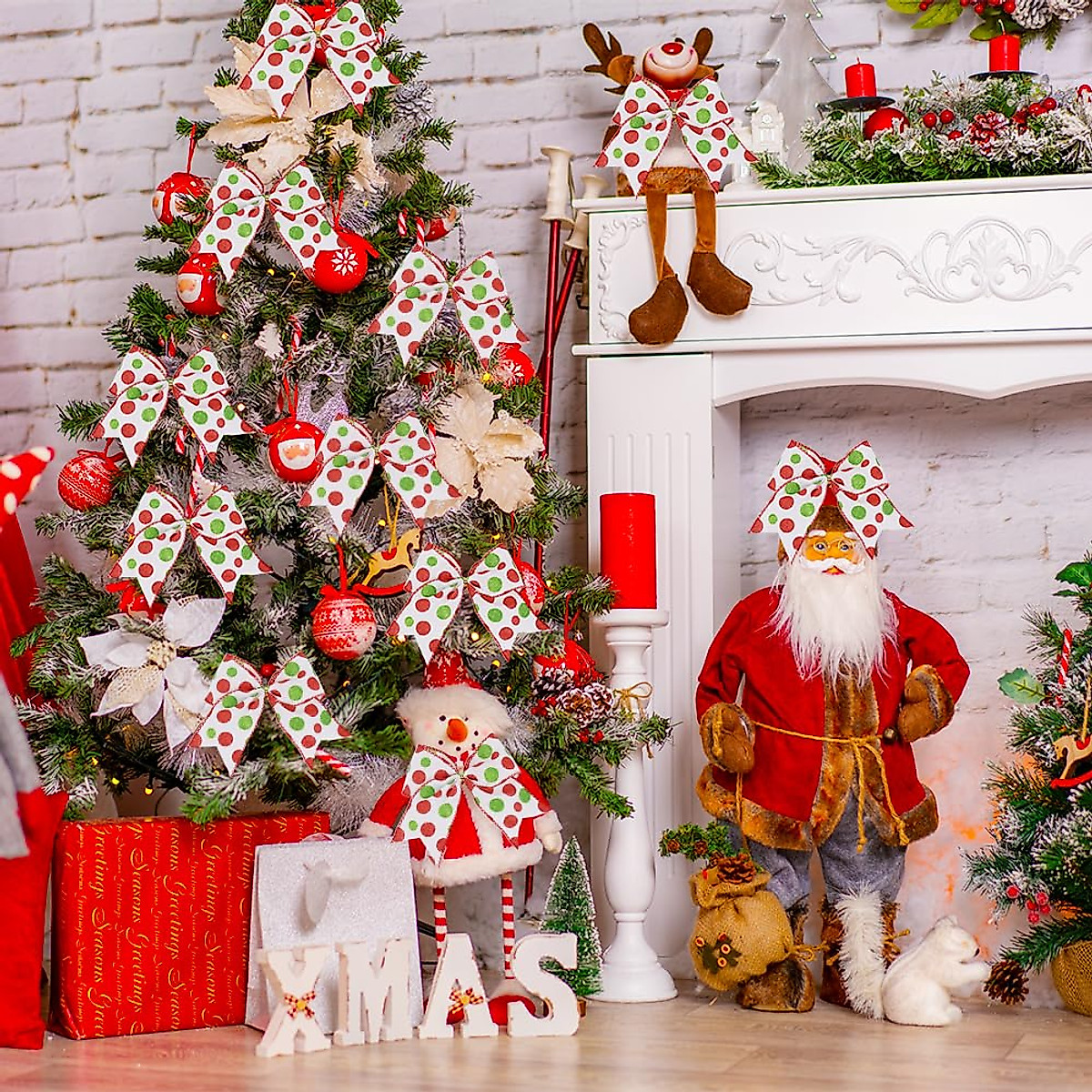 DIYDEC 12pcs Christmas Bows Decoration 6.3 Inch Large Christmas Wreath Bows Red Green Xmas Tree Bows Christmas Glitter Dot Bows Ribbons Ornaments for Garland Wedding Home Holiday Party
