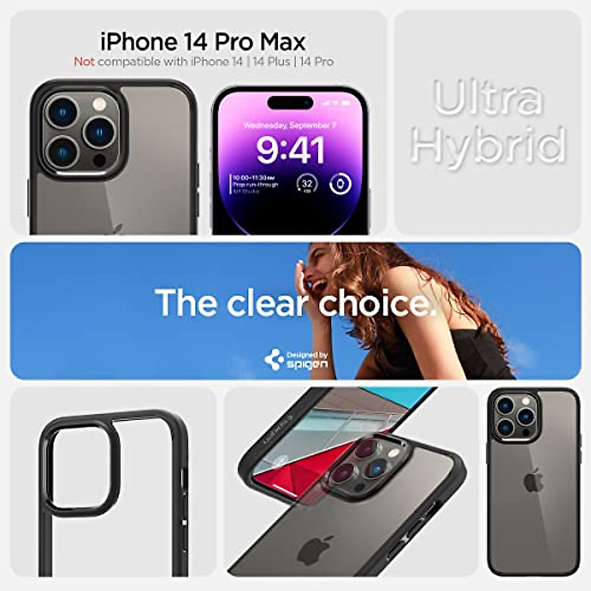Spigen Ultra Hybrid Case for iPhone 14 Pro Max [Anti-Yellowing] Case Mobile Phone Case Protective Cover Transparent Thin Slim Matte Black