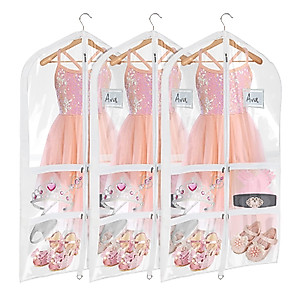 Univivi Clear PVC Dance Costume Bags (3 Pack) Garment Bag 40 Inch for Dance Competitions, with 4 Medium Clear Zipper Pockets and 1 Large Back Zippered Pocket [Upgraded Version]