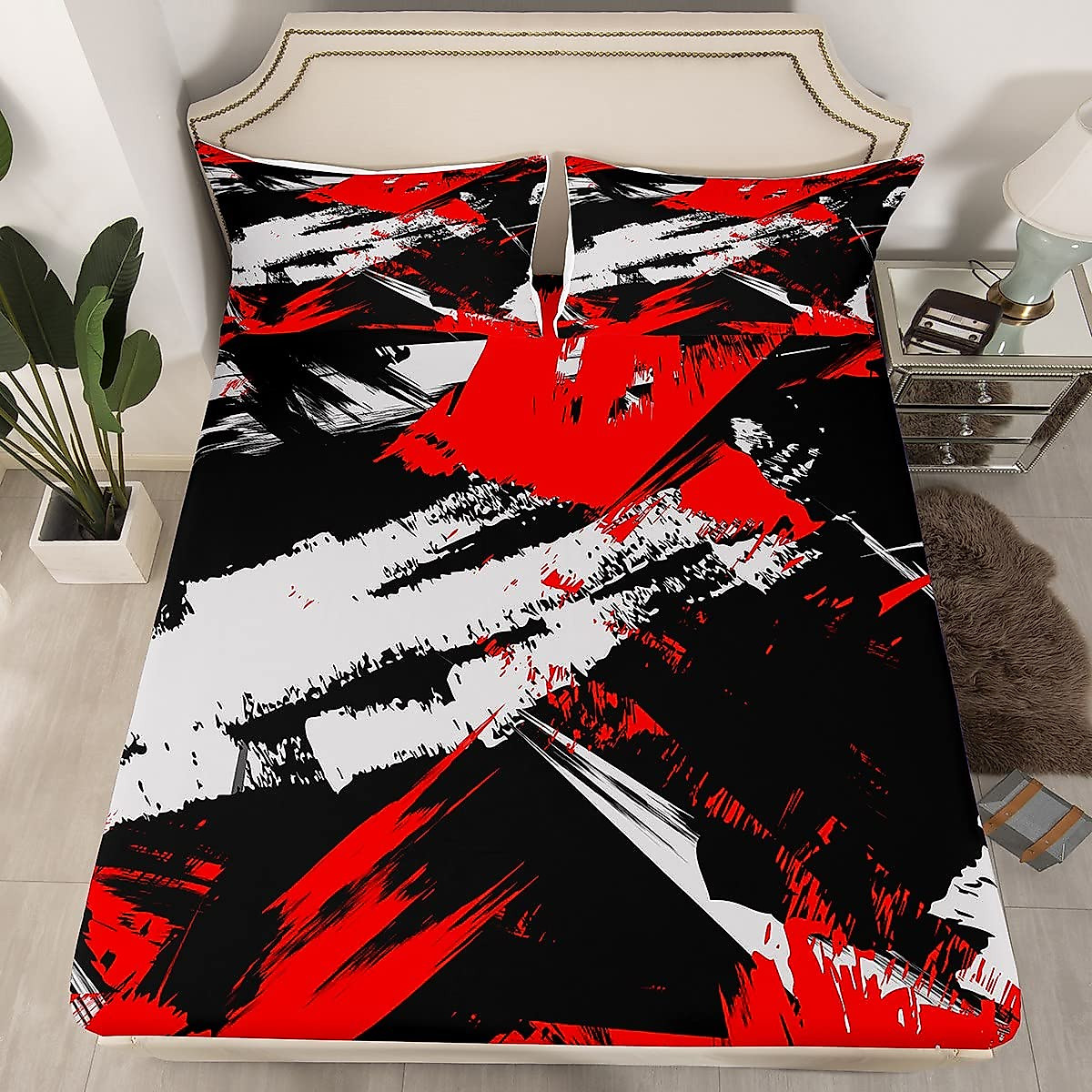 jejeloiu Geometric Abstract Bed Sheets Set Kids Geometry Strip Sheet Set Modern Sheets with Deep Pocket Fitted Sheet for Boys Room Decor Lightweight Retro Art Red Black Grey Bedding Set Full Size