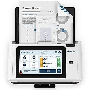 Raven Pro Document Scanner - Huge Touchscreen, High Speed Color Duplex Feeder (ADF), Wireless Scan to Cloud, WiFi, Ethernet, USB, Home or Office Desktop