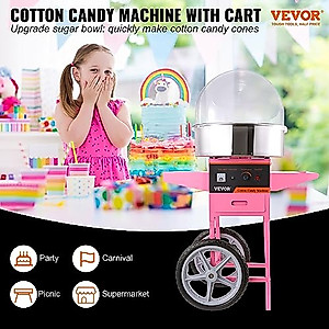 VEVOR Electric Cotton Candy Machine Cart with Bubble Cover Shield, 1000W Commercial Floss Maker with Stainless Steel Bowl, Sugar Scoop and Drawer, Perfect for Home, Kids Birthday, Family Party, Pink