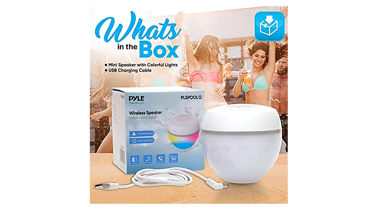Pyle Floating Pool Speaker with Lights - Waterproof Bluetooth Sound