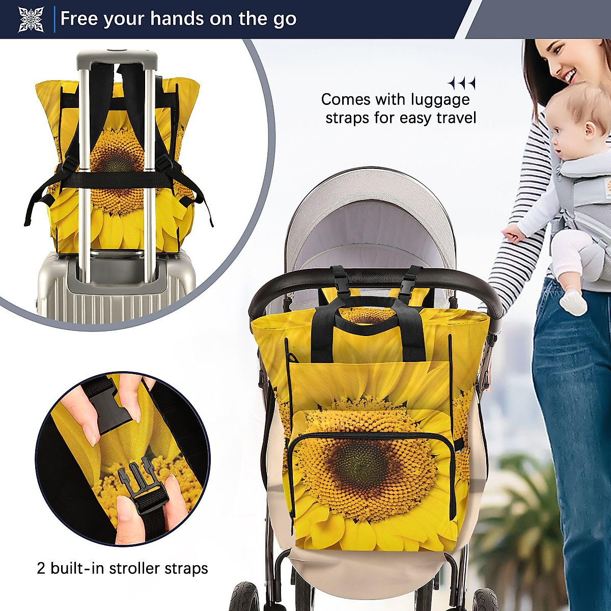 xigua Yellow Sunflower Diaper Bag Backpack Multi Function Baby Changing Bags Waterproof Large Capacity Travel Back Pack for Mom Dad