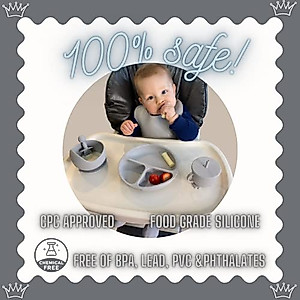 Baby Led Weaning 10 Piece Feeding Eating Supplies | Strong Suction Plate Silicone Cup Snack Lid Drink Lid with Straw Silicone Suction Bowl Bib Spoons Forks Baby Tableware Set 6MonthsToToddler(Grey)