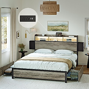 HAUSOURCE Queen Bed Frame with Bookcase Headboard and 2 Drawers LED Lights Metal Platform Non-Slip Without Noise Strong Metal Slats Support No Box Spring Needed (Greige, Queen)