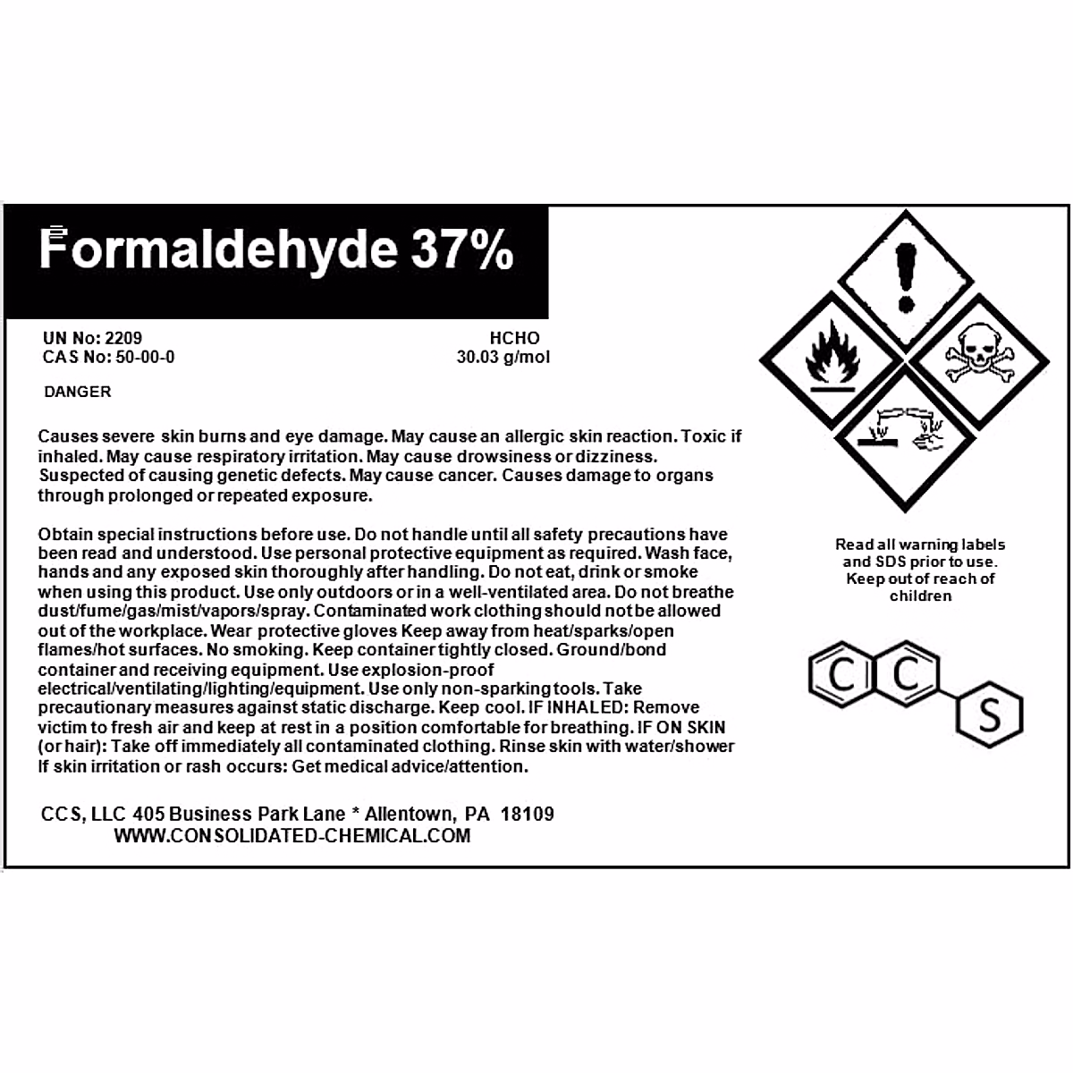CCS CONSOLIDATED CHEMICAL & SOLVENTS Formaldehyde 37% High Purity 100ml (3.3 Fl Oz)