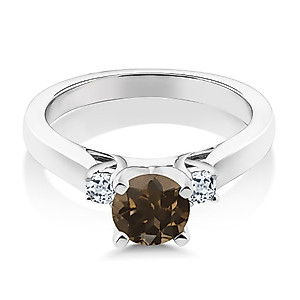 Gem Stone King 925 Sterling Silver Brown Smoky Quartz and White Topaz 3-Stone Engagement Ring For Women (1.08 Cttw, Round 6MM, Gemstone Birthstone, Size 7)