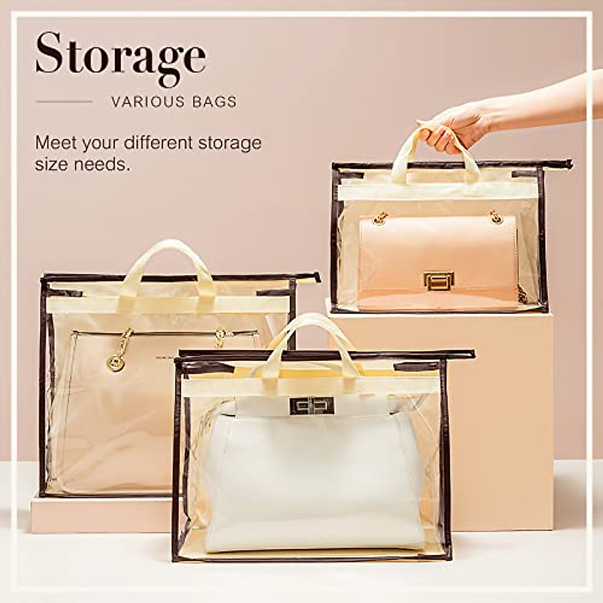 Uizokequq 10 Pack Dust bag for handbag - 4 Sizes Clear Purse Storage Organizer for Closet, Hanging Zipper Closet Organizers and Storage, Beige